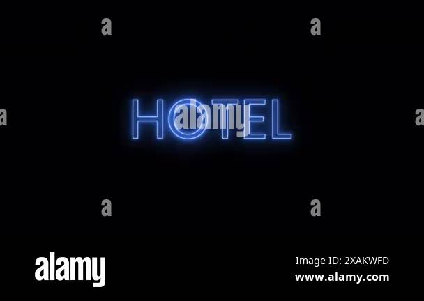 Blue neon "Hotel" sign with flicker on a transparent background. Hotel ...