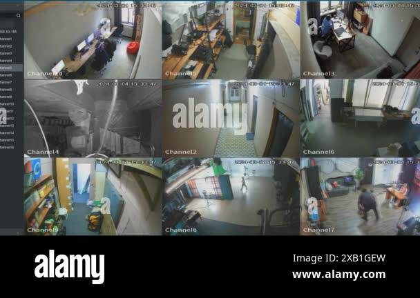 A multi-camera security surveillance system displaying various rooms in ...