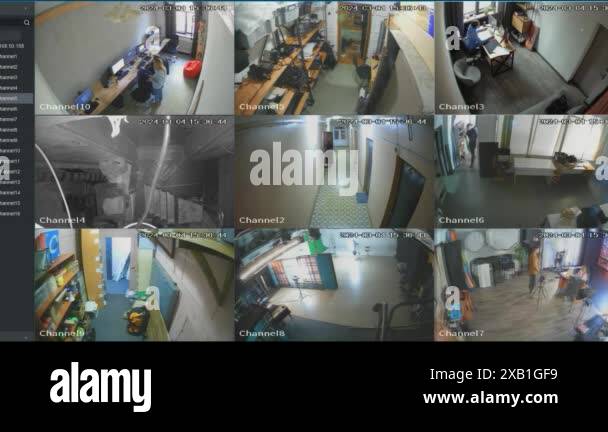 A multi-camera security surveillance system displaying various rooms in an office and warehouse ...