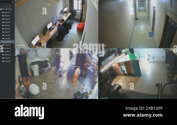 A multi-camera security surveillance system displaying various rooms in ...