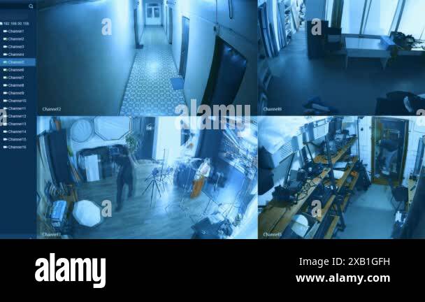 A multi-camera security surveillance system displaying various rooms in an office and warehouse ...