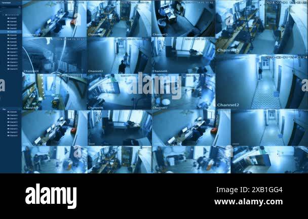 A multi-camera security surveillance system displaying various rooms in an office and warehouse ...