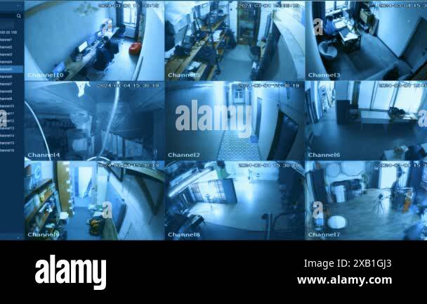 A multi-camera security surveillance system displaying various rooms in ...