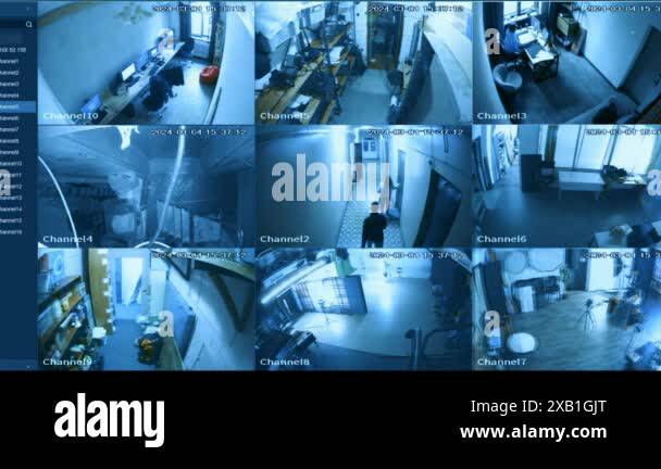 A multi-camera security surveillance system displaying various rooms in an office and warehouse ...