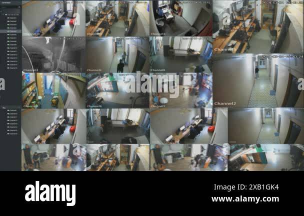 A multi-camera security surveillance system displaying various rooms in ...