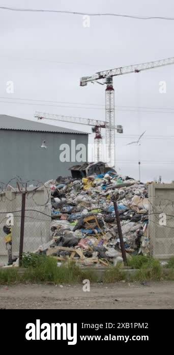 Bulldozer leveling debris in the compartment at the recycling plant ...