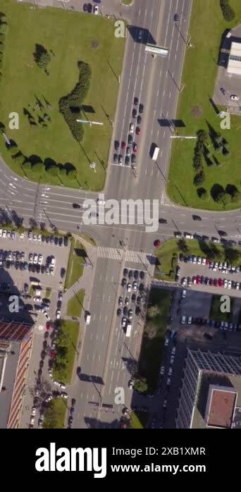 Overhead Aerial View Of Highway. Crossroads in the city. 4k UHD ...
