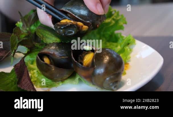 A lot of cooked snails close-up, the waiter with utensils puts food on ...