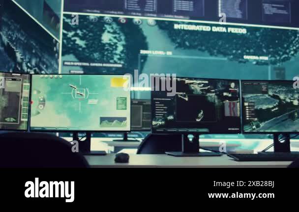 Empty military operation room headquarters with a big screen and desks ...