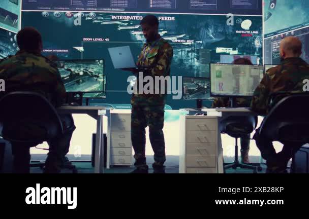 Military sergeant targeting enemy vessels on a gps satellite world map ...