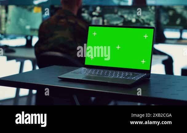 Laptop Showing Isolated Mockup Screen In Army Base Of Operations Military Personnel Working On