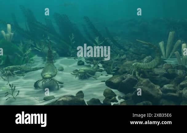 A 3D animation of extinct sea scorpions Eurypterus and Trilobites on a ...
