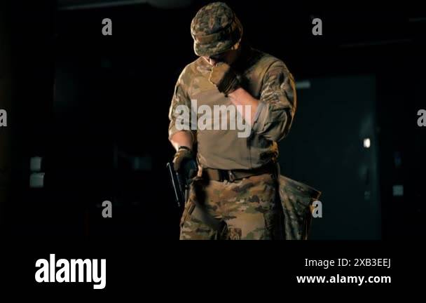 at professional shooting range military weapons trainer standing ...