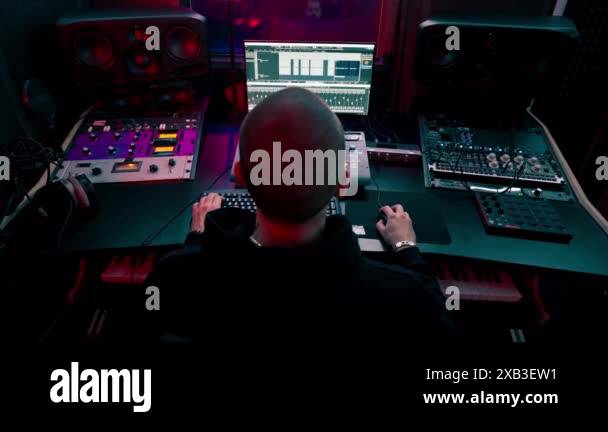 in the recording room dark with neon lighting in the studio the sound ...