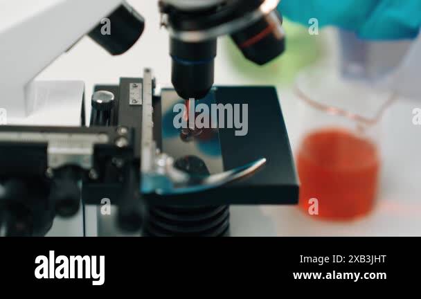 Scientific laboratory researcher drop blood sample on microscopic slide for medical examination ...