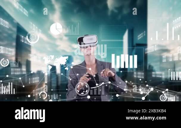 Businesswoman user making zoom big data dynamic market graph monitor by ...