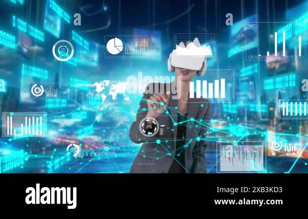 Woman reporter explaining dynamic market data calculated analysis ...