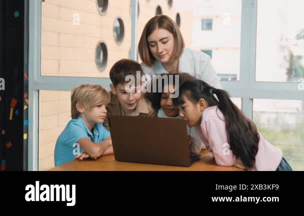 Cute african girl programing system while surround with caucasian ...