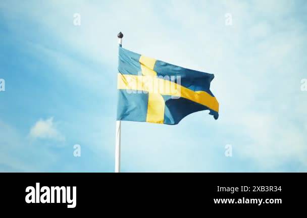 Swedish flags waving with the wind flow under the blue sky for national ...