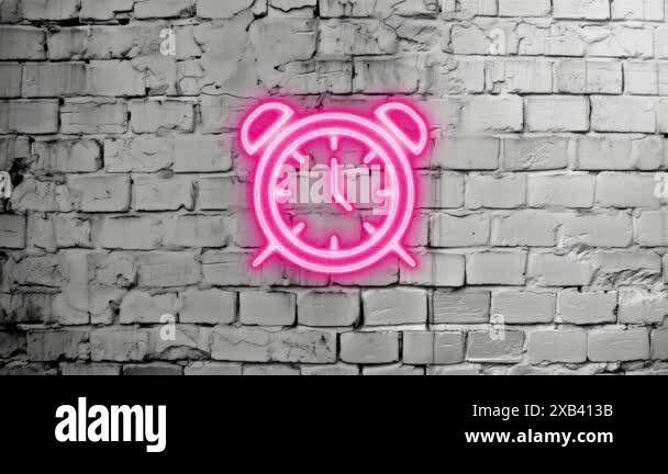 Video footage of glowing, neon Alarm clock Flicking Icon on brick white ...