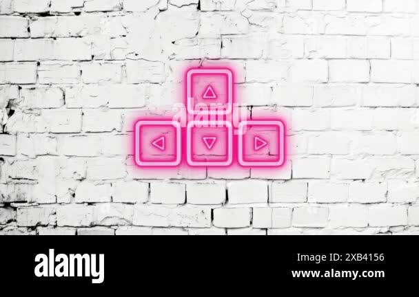 Video footage of glowing, neon Arrow keyboard button Flicking Icon on brick white wall ...