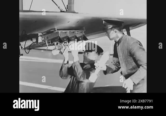 1940s - British Navy planes are fitted with weapons, then take off from the HMS Glorious ...