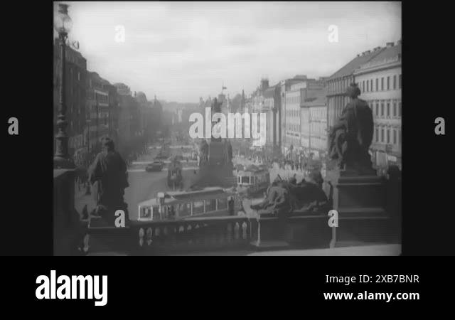 1930s - Street scenes of Prague, Czechoslovakia as seen from behind ...