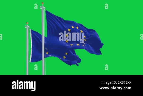 Two European Union flags waving isolated on green background. 3D render ...