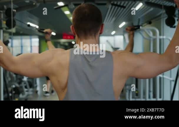 A muscular male seen from behind while performing a triceps workout on ...