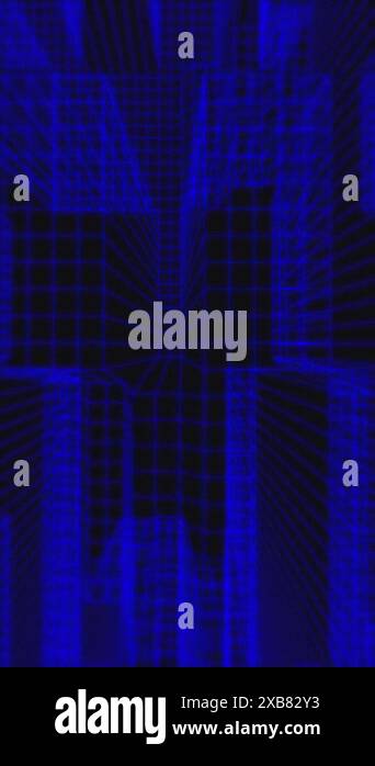 Vertical video - retro blue glowing wireframe grid motion background animation. This 1980s style ...