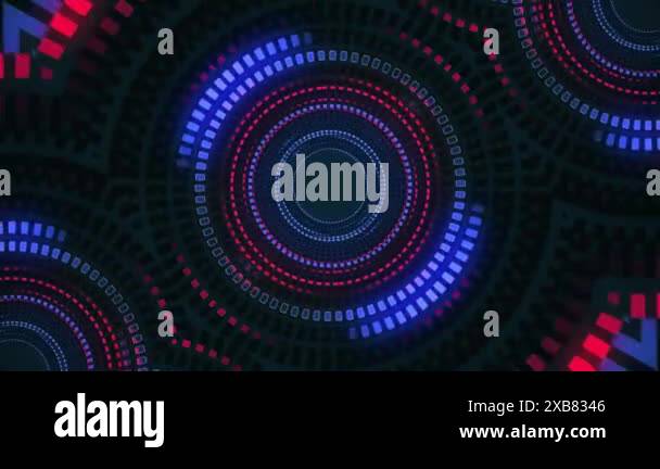A circle of blinking neon colored blue and red glowing digital data ...