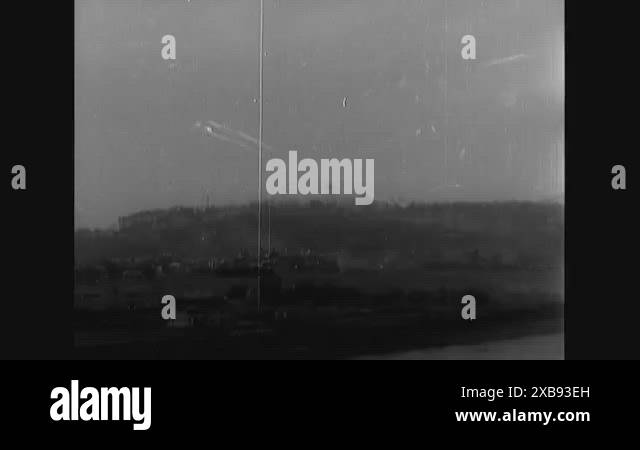 1945 - Shells land and explode in Koblenz, Germany during WW2 Stock ...