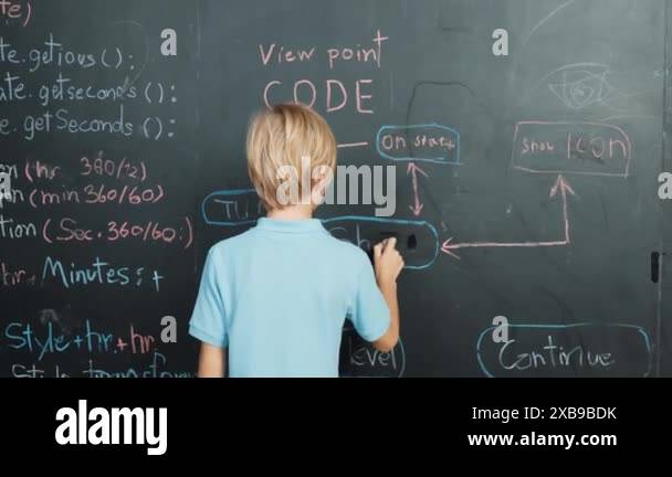 Back view of student writing engineering prompt on blackboard. Handsome ...