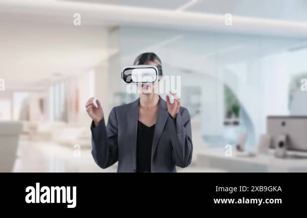 Woman pressing start opening VR glasses of analyzed financial graph data analysis at office ...