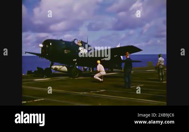 1945 - US Navy F6F planes are catapulted off the USS Hornet Stock Video ...