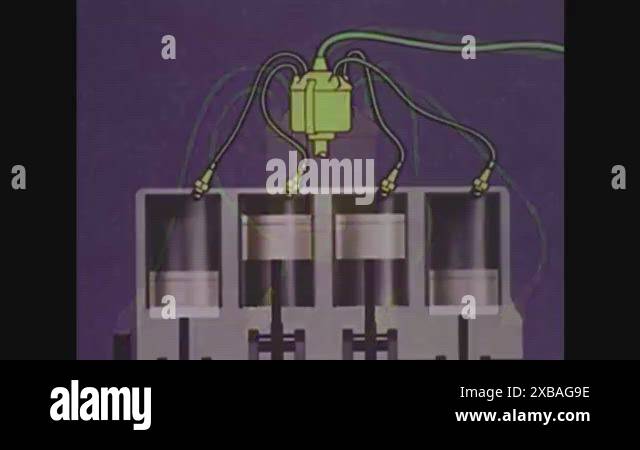 The components of a car engine's electrical system are pointed out in ...