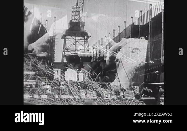 Shipbuilding, tanks, warplanes and paratroopers are shown as well as ...