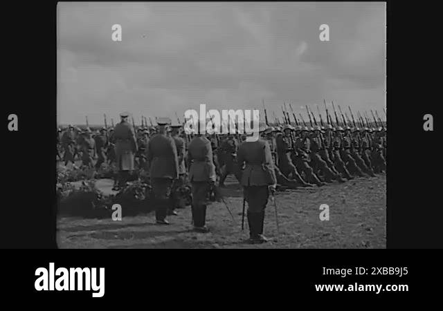 1918 - Soldiers march in formation in an open field during WWI Stock ...