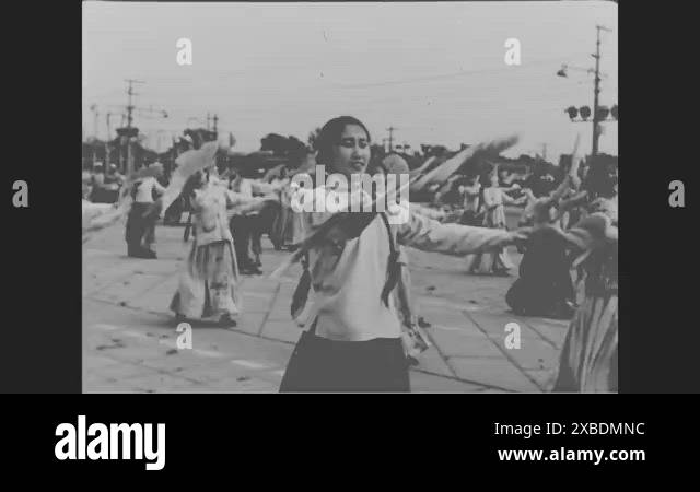 1940s, May Day Parade, China, Mao Zedong watches a parade celebrating ...