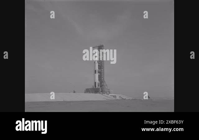 1969 - Slow motion side view of Apollo 11 and the Saturn V rocket being ...