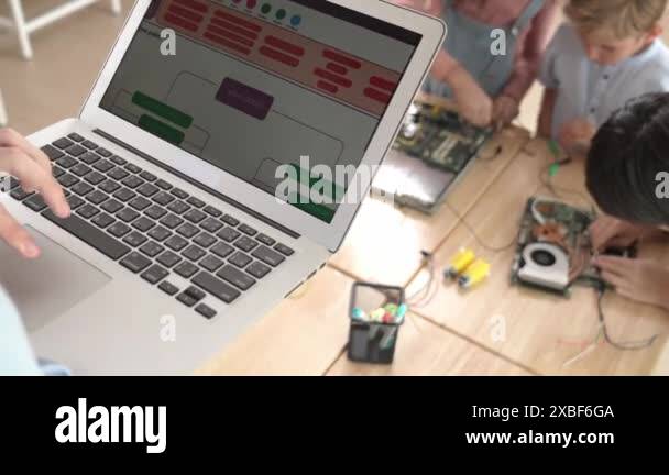 Top view of smart caucasian teacher coding engineering prompt and generated AI while diverse ...