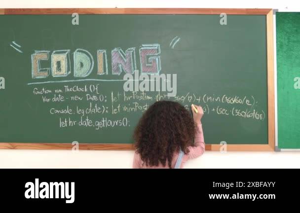 Smart american girl writing engineering prompt and programing system while standing blackboard ...