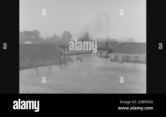 Prisoners in a Japanese prison camp do calisthenics under palm trees ...