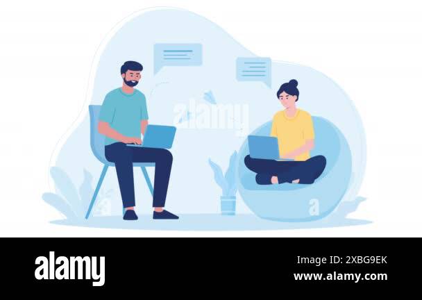 A couple is chatting online using a laptop flat design animation. Bubble chat exchange messages ...