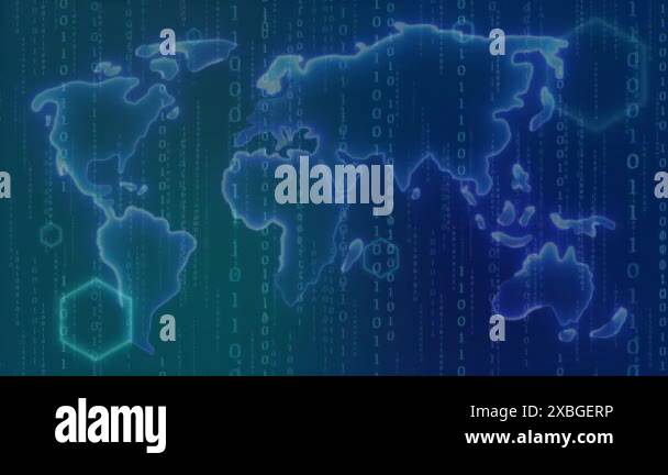 Animated neon abstract of world map outline glowing lights and blue binary number code. Digital ...