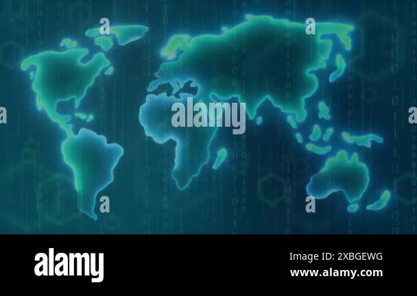 Animated neon abstract of world map outline glowing lights and blue ...
