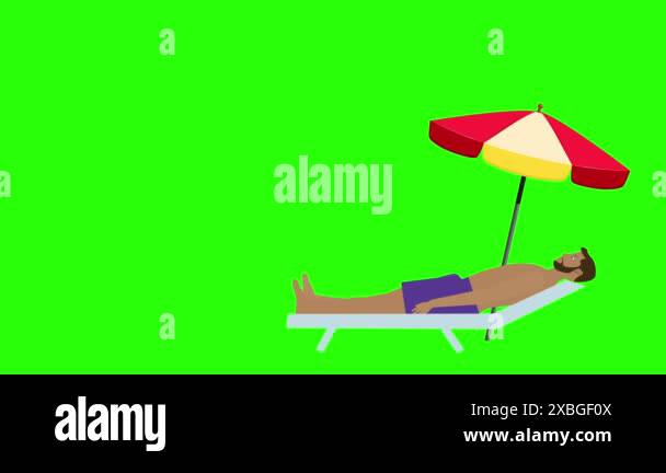 Man relaxing on the lounge chair under umbrella, green screen, 2d flat ...