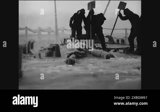 1940s - The deck and anchor chain on a Japanese Naval vessel are frozen ...