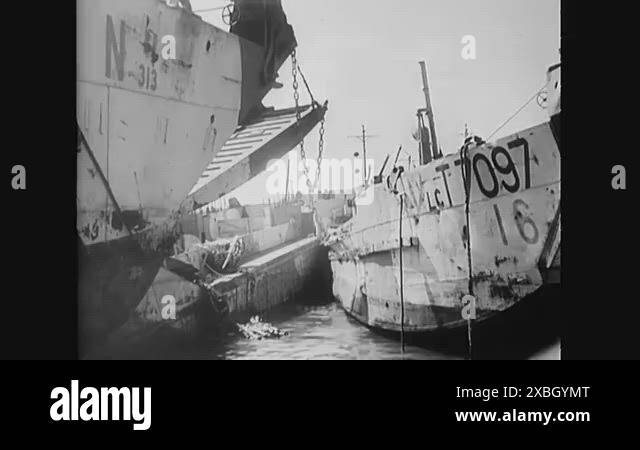 1944 - Wreckage on Normandy piers is shown after a bad storm Stock ...
