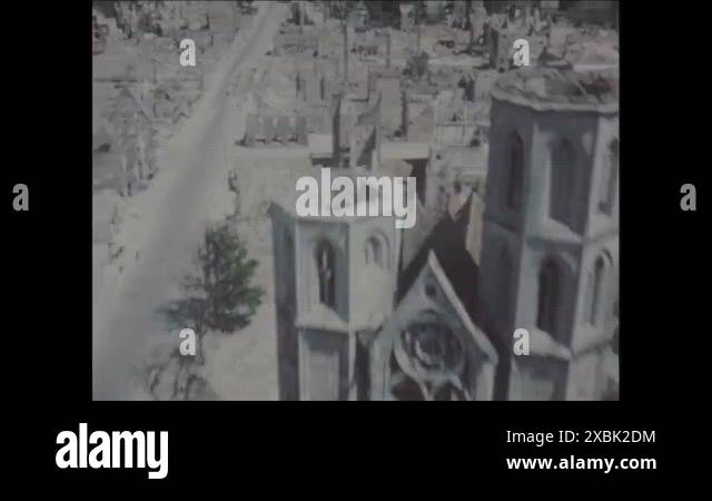 1945 - A cathedral and a park and wrecked buildings are shown in the ...